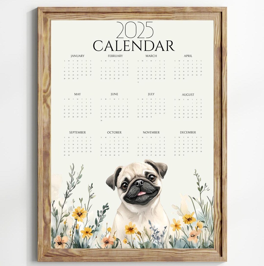 DIGITAL DOWNLOAD White PUG 2025 Calendar Printable 2025 Wall Calendar ...