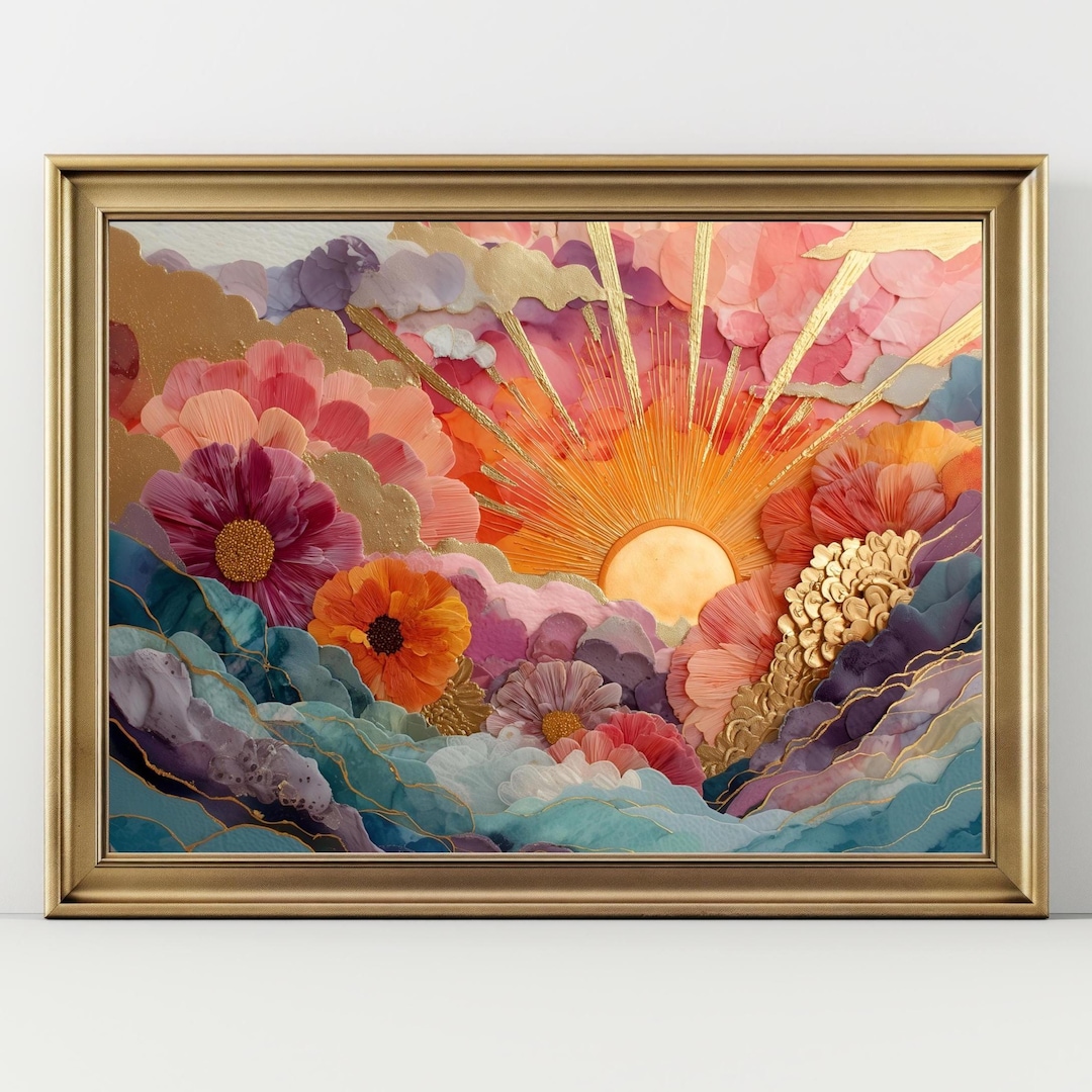 Colorful Floral Sunrise Poster, Boho Wall Art, Vibrant Home Décor ...