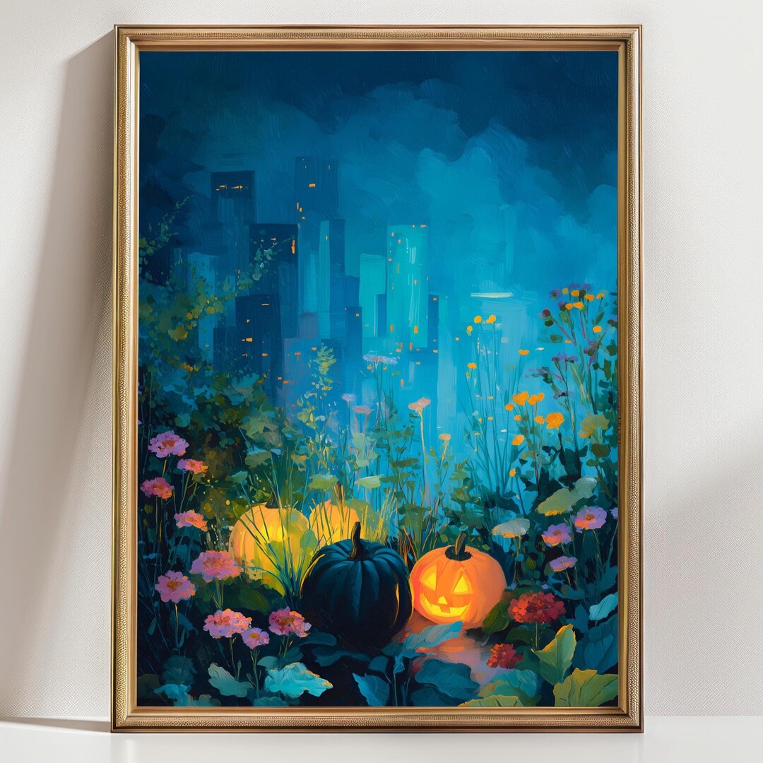 Halloween Cityscape Wall Art | Pumpkin Garden Fantasy Print | Spooky ...