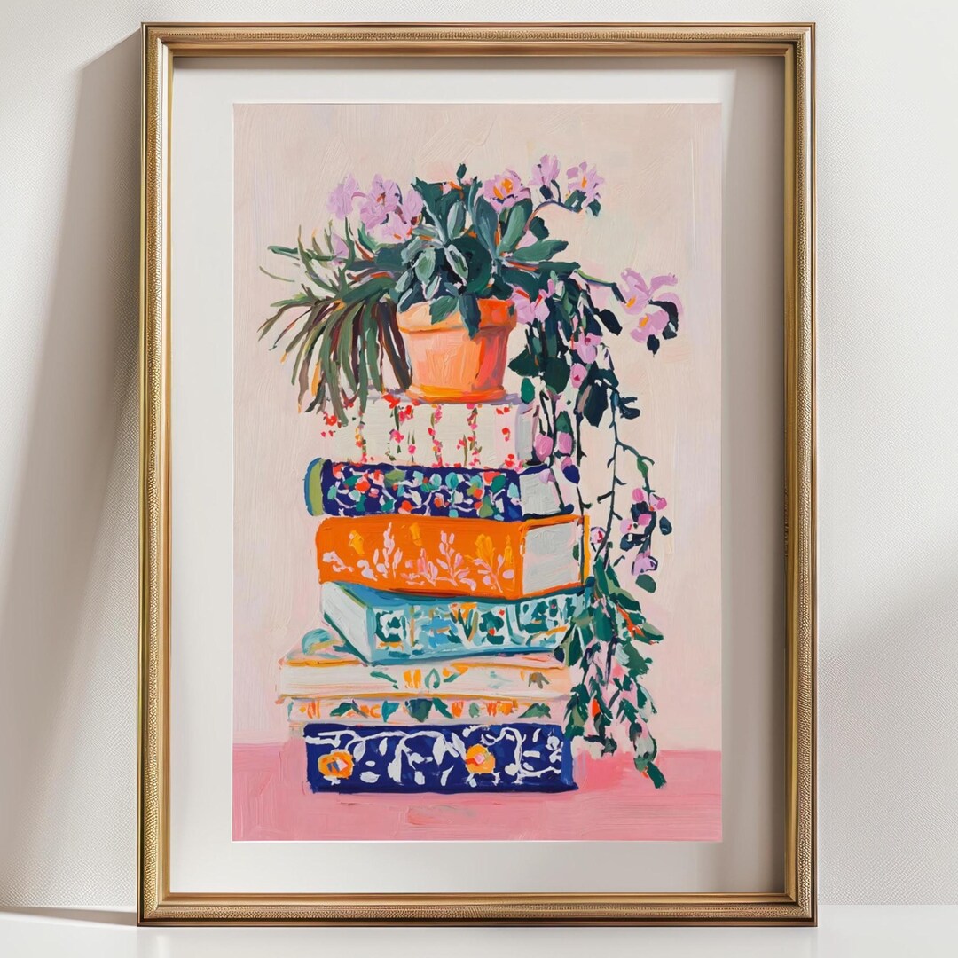 Book and Plant Art Print – Cottagecore Floral Stack Illustration ...
