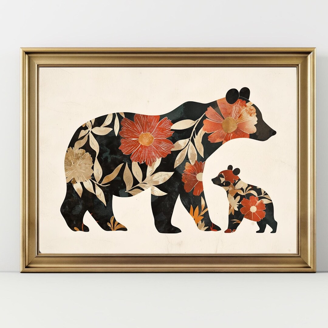 Floral Bear and Cub Wall Art, Mother Bear Silhouette Print, Boho ...