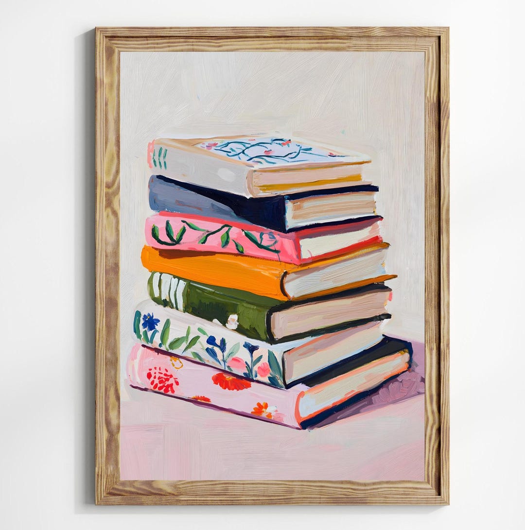 Stack of Books Painting, Pastel Flora Book Lover Print, Bookworm Gift ...