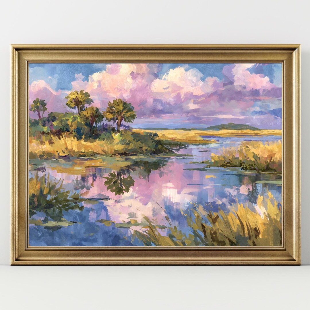 Tropical Marsh Sunset Wall Art – Palm Tree Landscape Print, Coastal ...