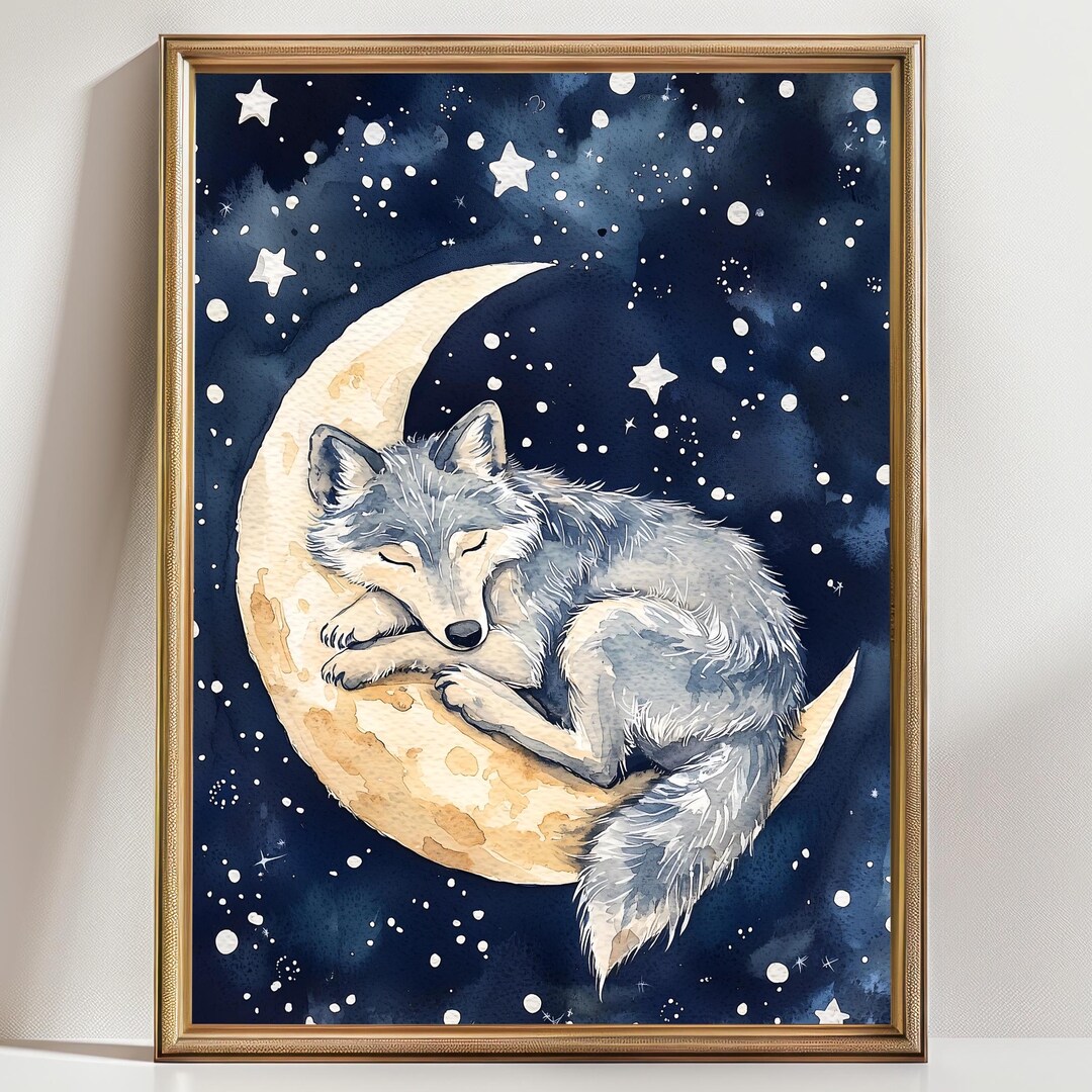Whimsical Wolf Moon Poster, Cozy Fox Art Print, Nursery Wall Decor ...