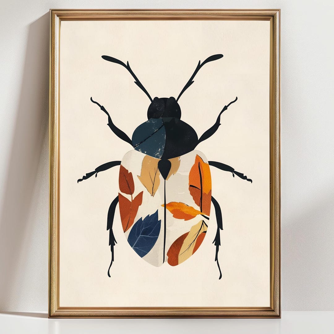 Autumn Beetle Wall Art – Minimalist Insect Print With Colorful Leaves ...