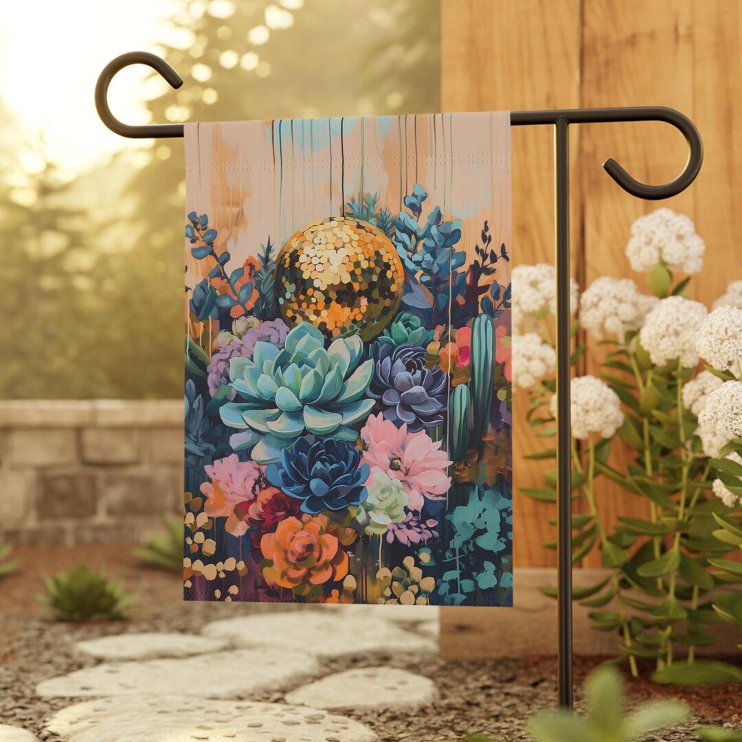 Colorful Succulent Garden Flag With Gold Disco Ball | Outdoor Yard ...