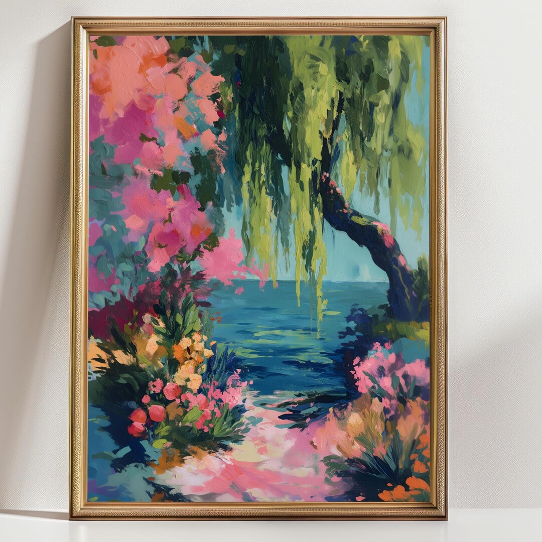 Tropical Willow Tree Wall Art – Bright Floral Landscape Painting ...