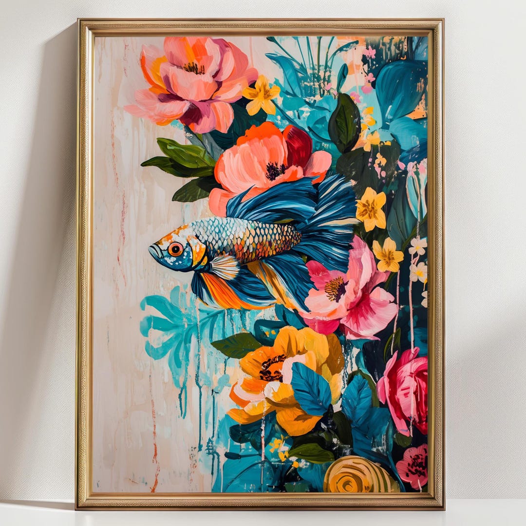 Botanical Betta Fish Poster, Vibrant Bohemian Wall Art Print, Matte ...
