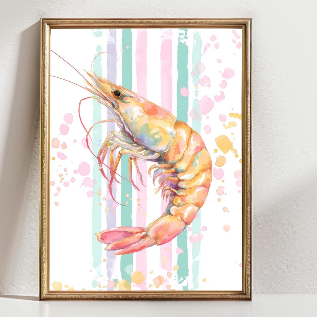Shrimp Wall Art | Coastal Kitchen Decor | Nautical Watercolor Seafood ...