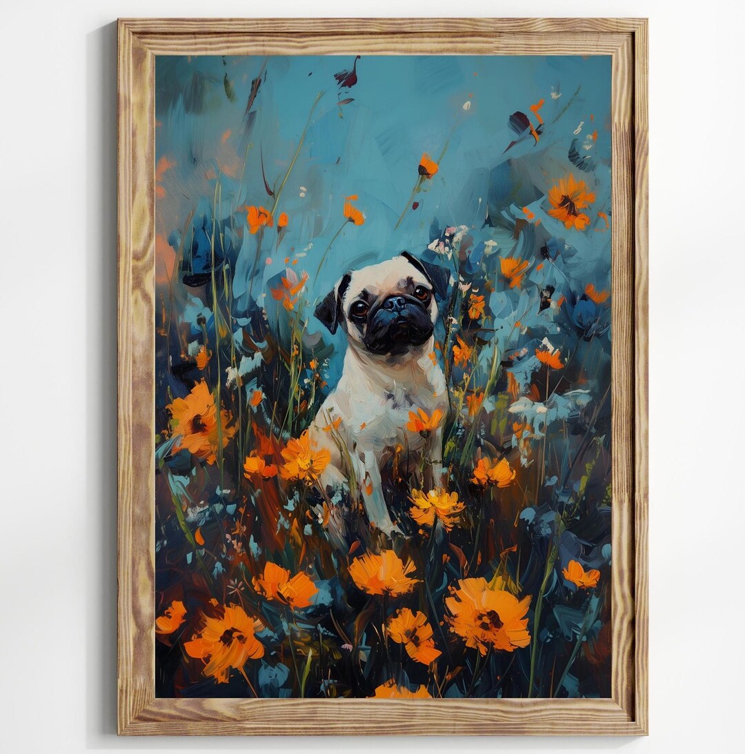 Pug Dog Art Print, Pug in Wildflower Field, Blue Sky Orange Floral Wall ...