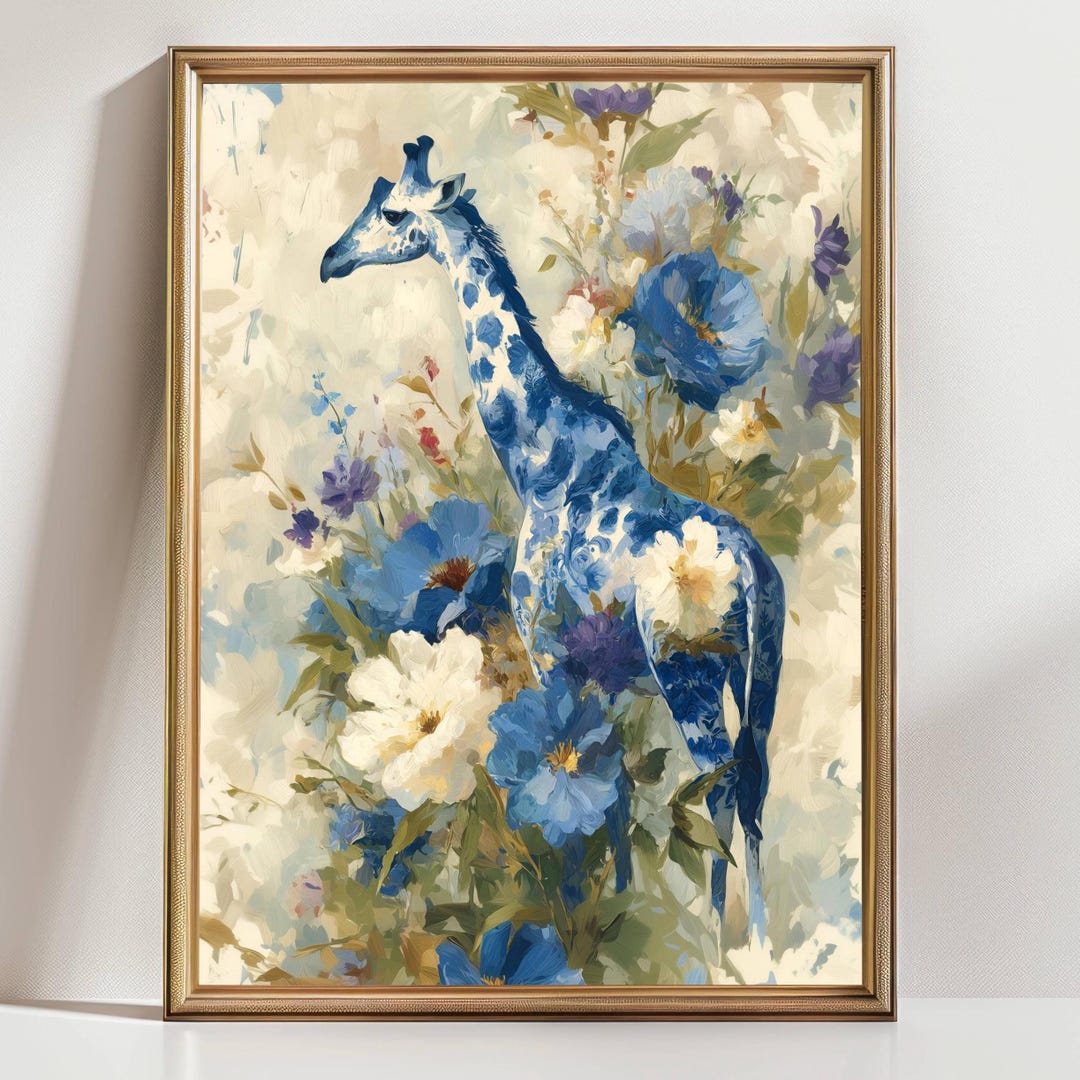 Blue Toile Floral Chinoiserie Giraffe Floral Wall Art – Whimsical ...