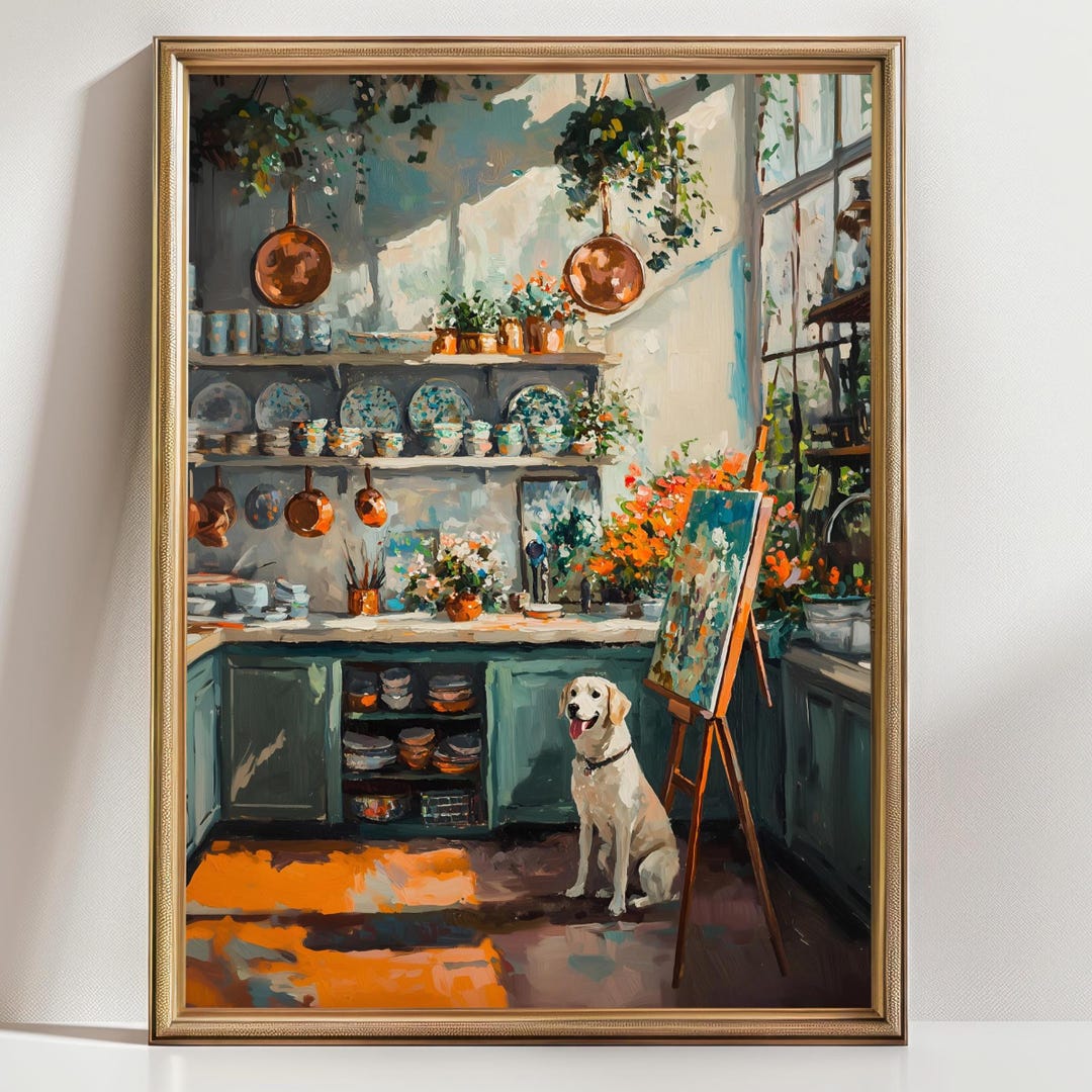 Dog in Cottage Kitchen Art Print, Floral Country Kitchen Decor, Cozy ...