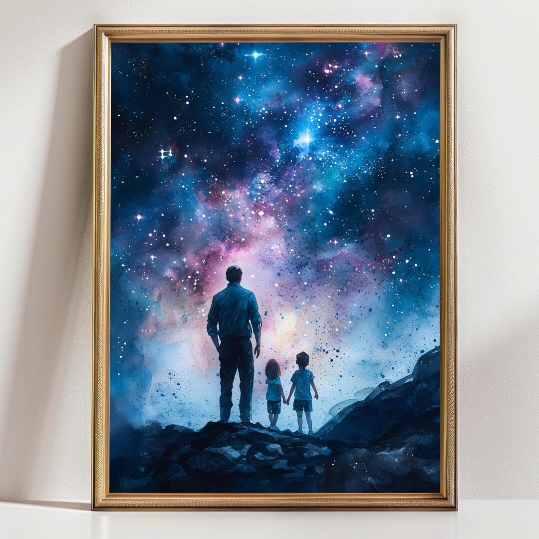 Father and Children Stargazing Art Print Cosmic Sky Wall Decor ...