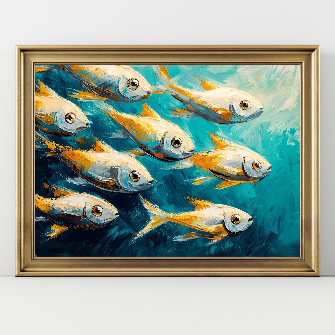 Fish Swarm Painting Abstract Horizontal Art Print, Wall Decor, Ocean ...