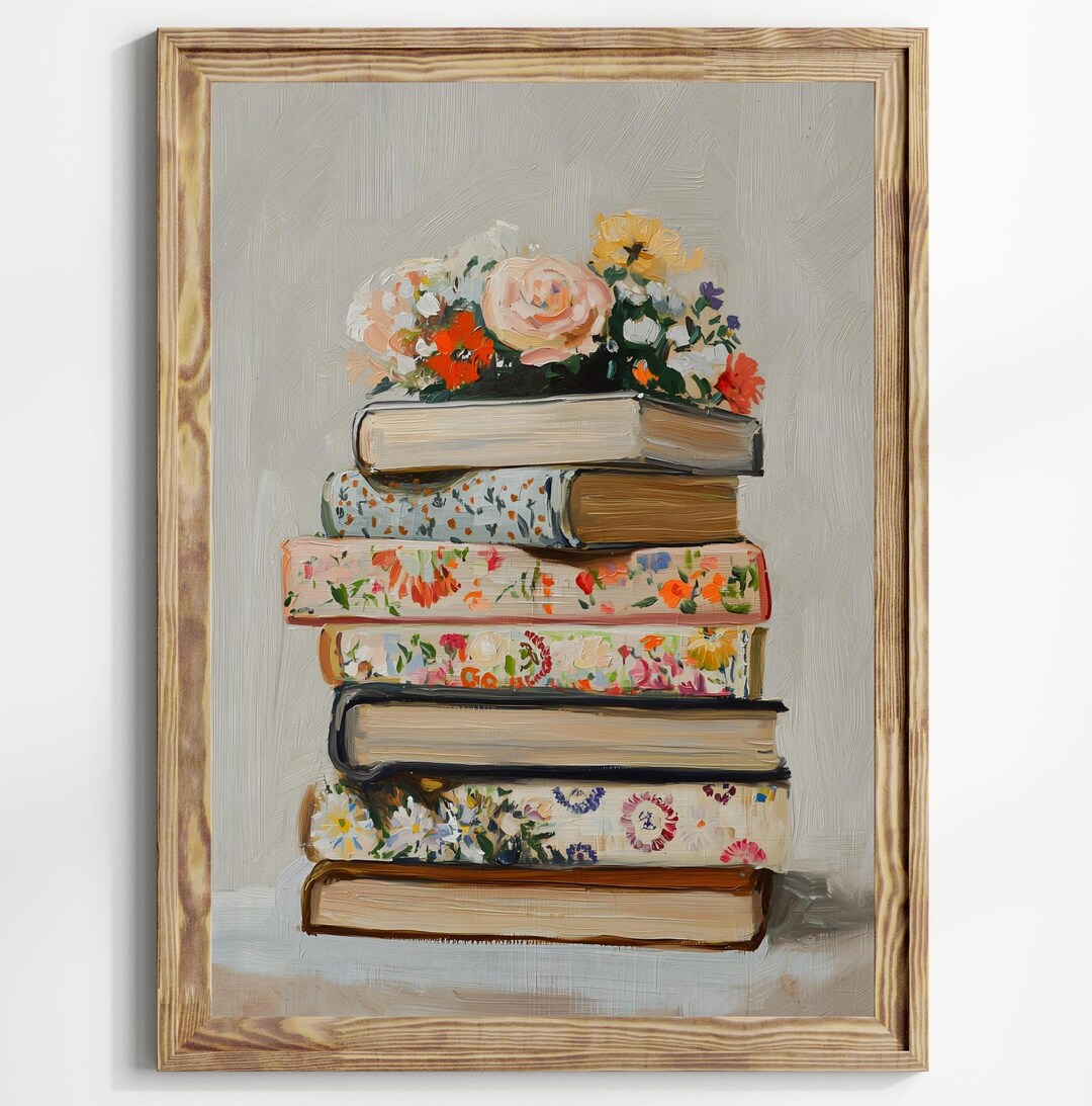 Stack of Books Painting, Cottagecore Book Lover Print, Bookworm Gift ...