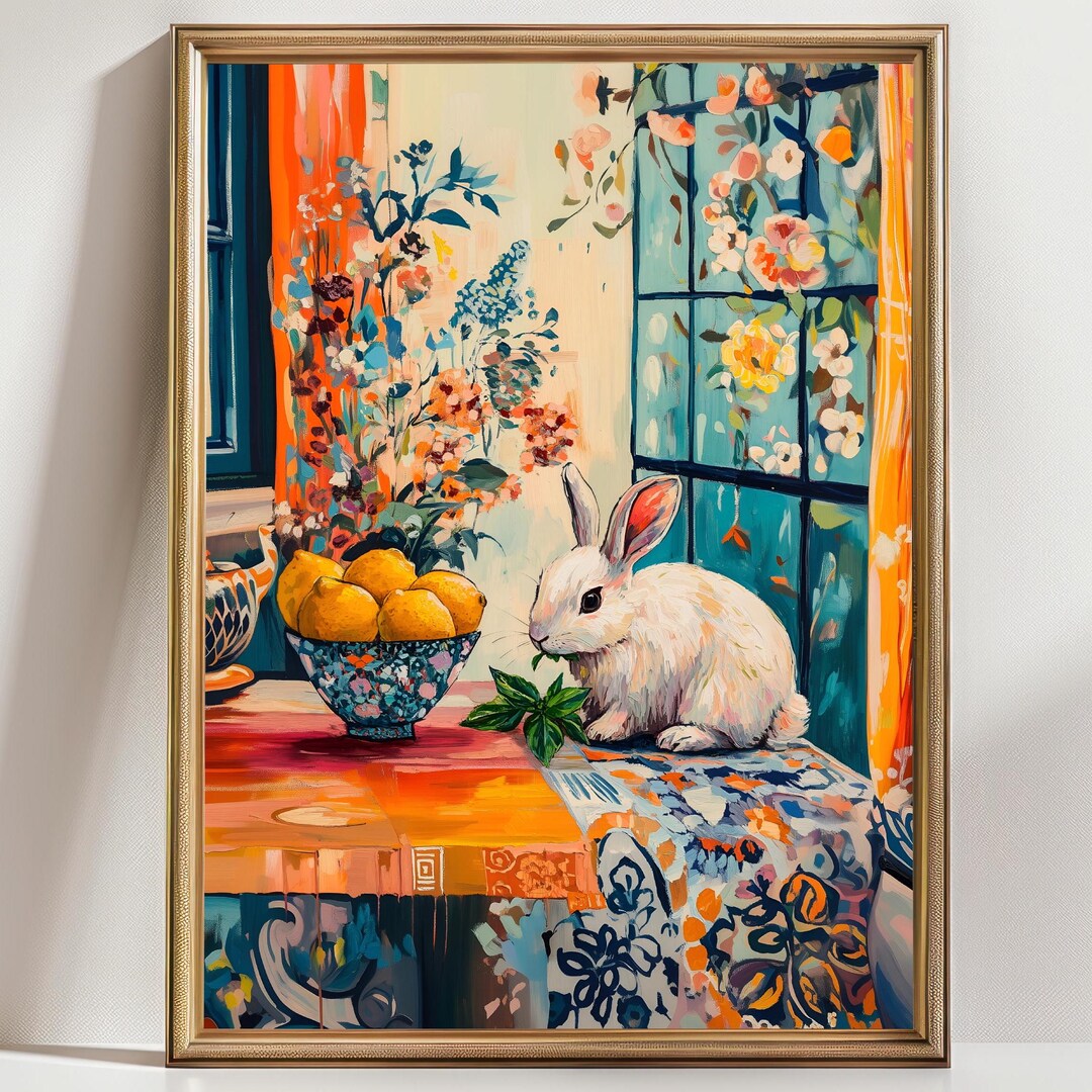 Whimsical Rabbit Art Print, Colorful Vertical Maximalist Decor, Home ...