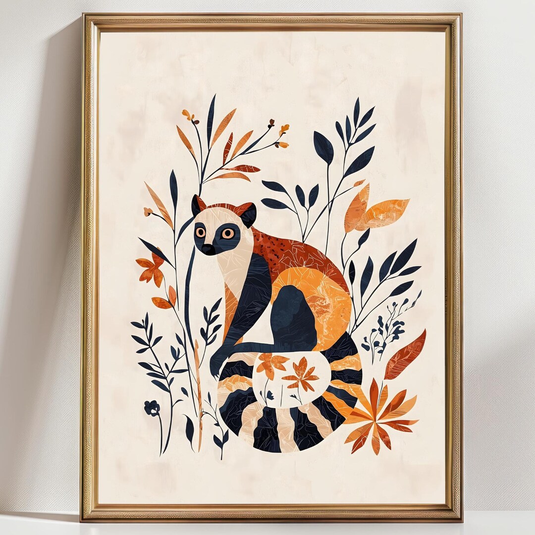 Lemur Wall Art Print, Botanical Lemur Illustration, Jungle Animal ...