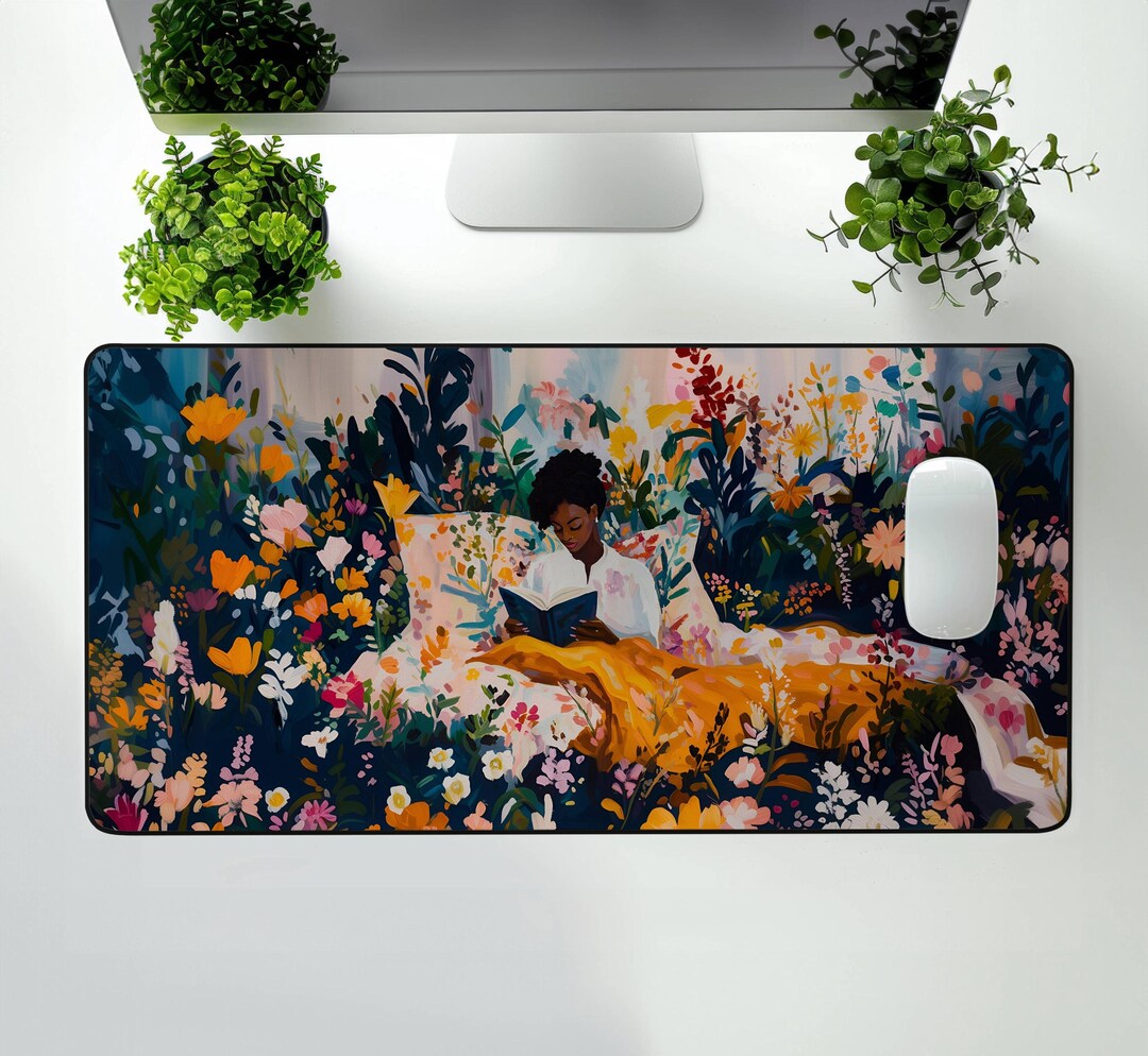 Black Girl Reading Desk Mat Floral Book Lover Mouse Pad, Cozy Reading ...