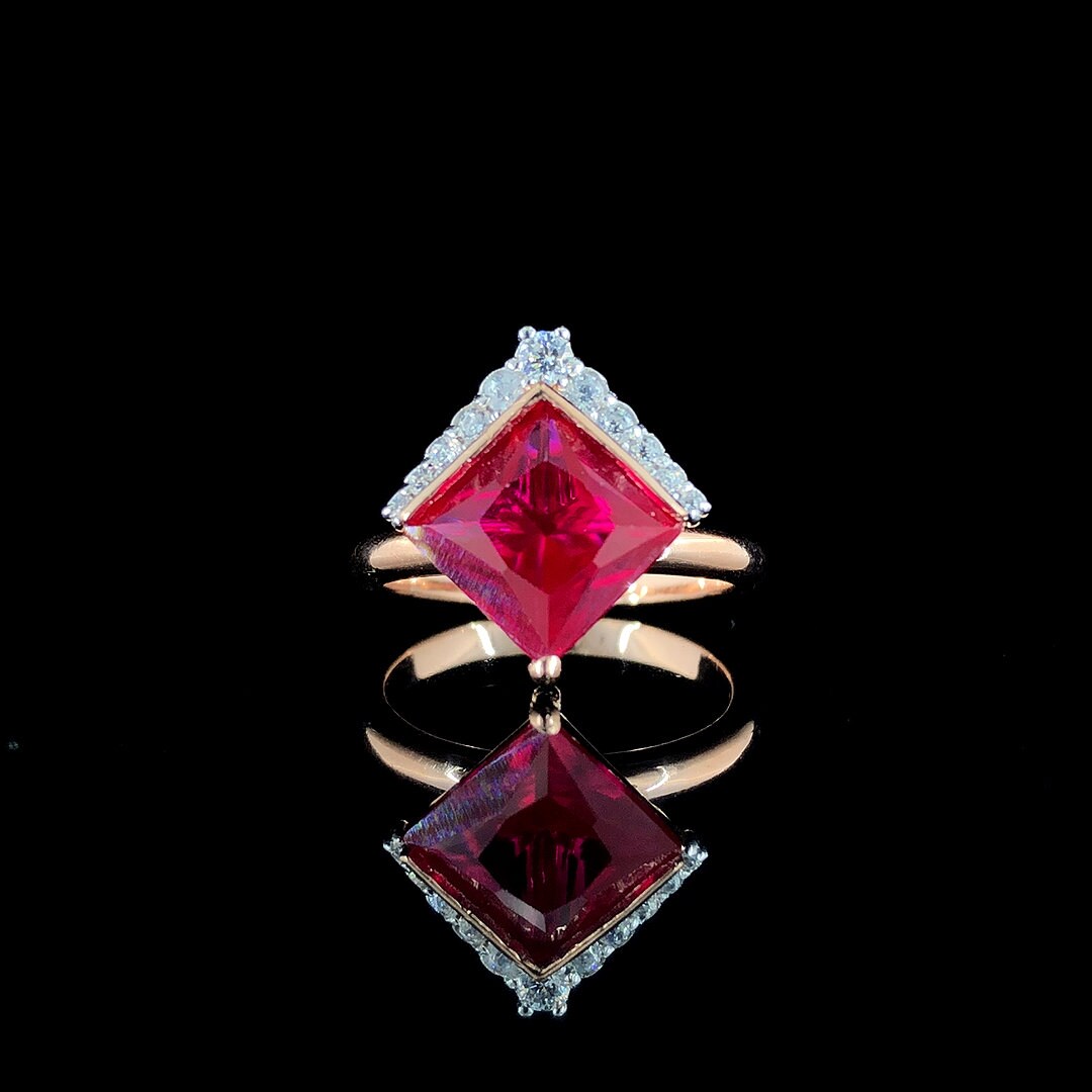 Princess Cut Ruby Gemstone Ring, Wedding Diamond Ring in 14K Rose Gold ...