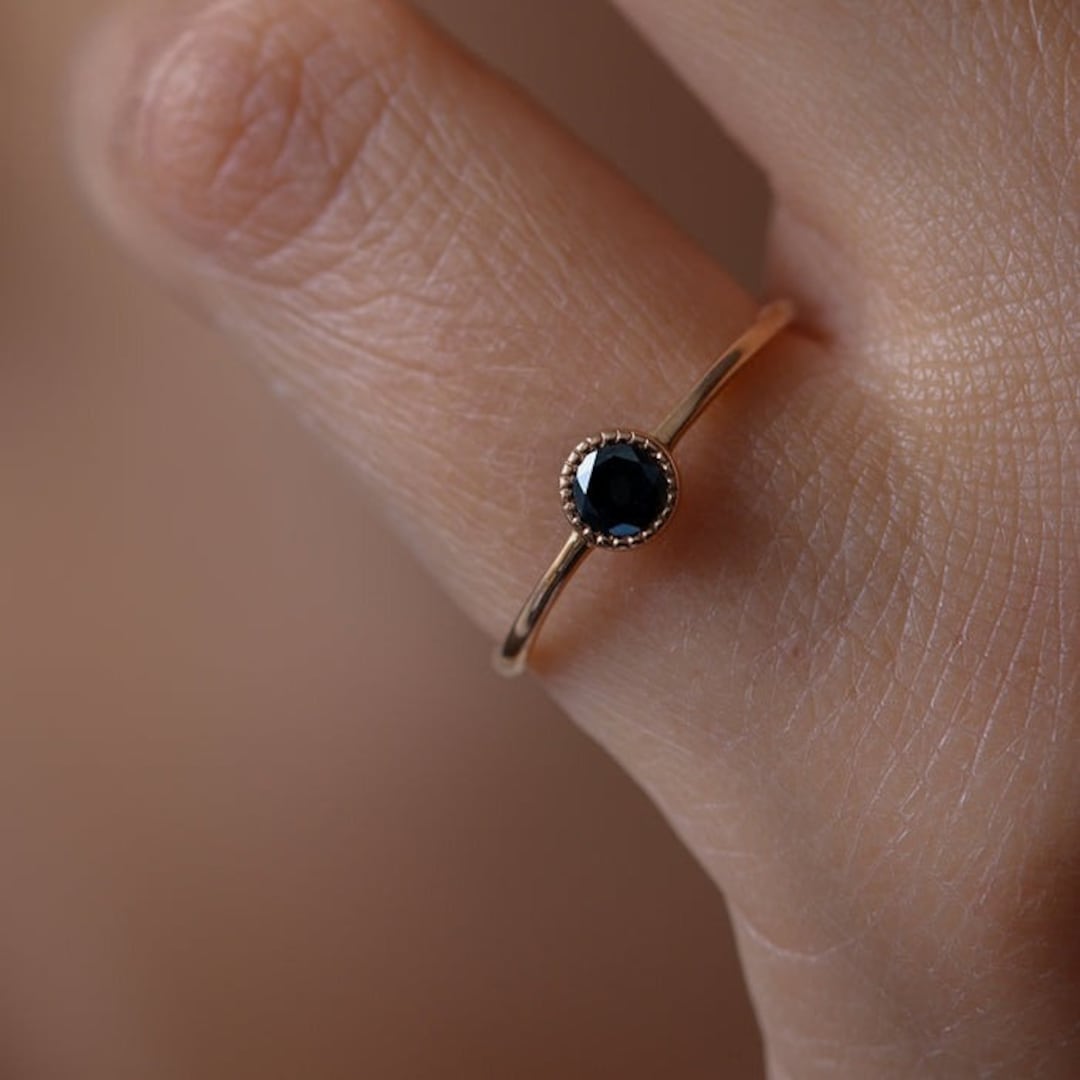 14K Solid Gold Round Cut Black Gemstone Ring, Unique Mini Black Diamond ...