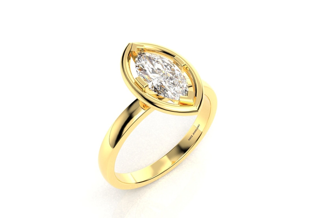 Marquise Cut Compass Prong Set Solitaire Engagement Ring, 14K Solid ...
