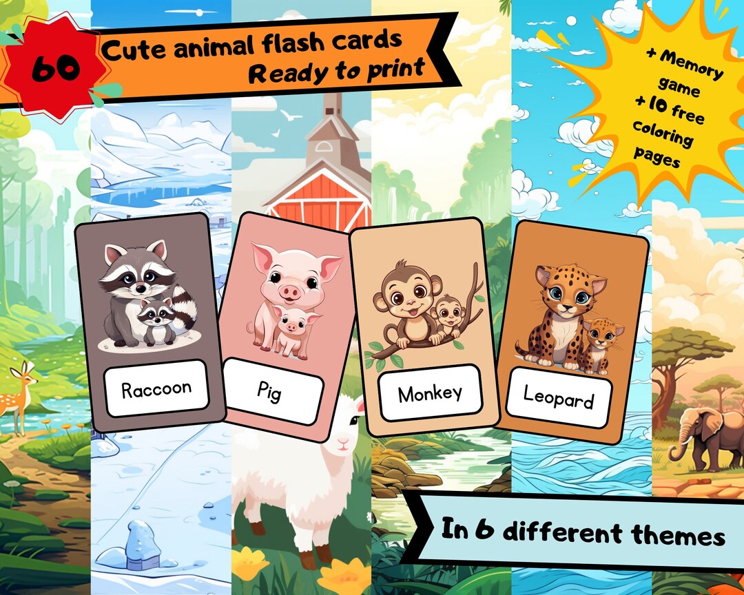 60 Cute Animal Flash Cards, for Kids, Montessori Education, Learn ...