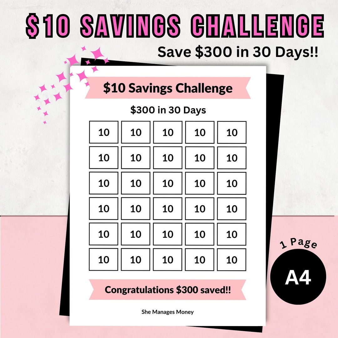 10 Dollar Daily Savings Challenge Printable, Save 300 Dollar, Mini ...
