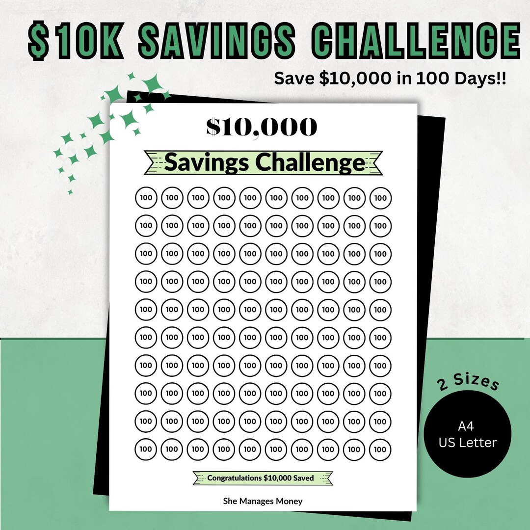 10,000 Savings Challenge | 100 Day Savings Tracker for 10,000| 10K ...
