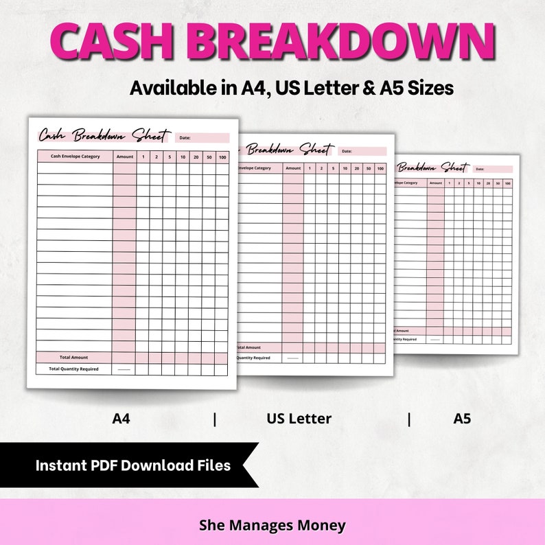 Cash Envelope Breakdown Sheet | Cash Planning Slip | Cash Withdrawal ...