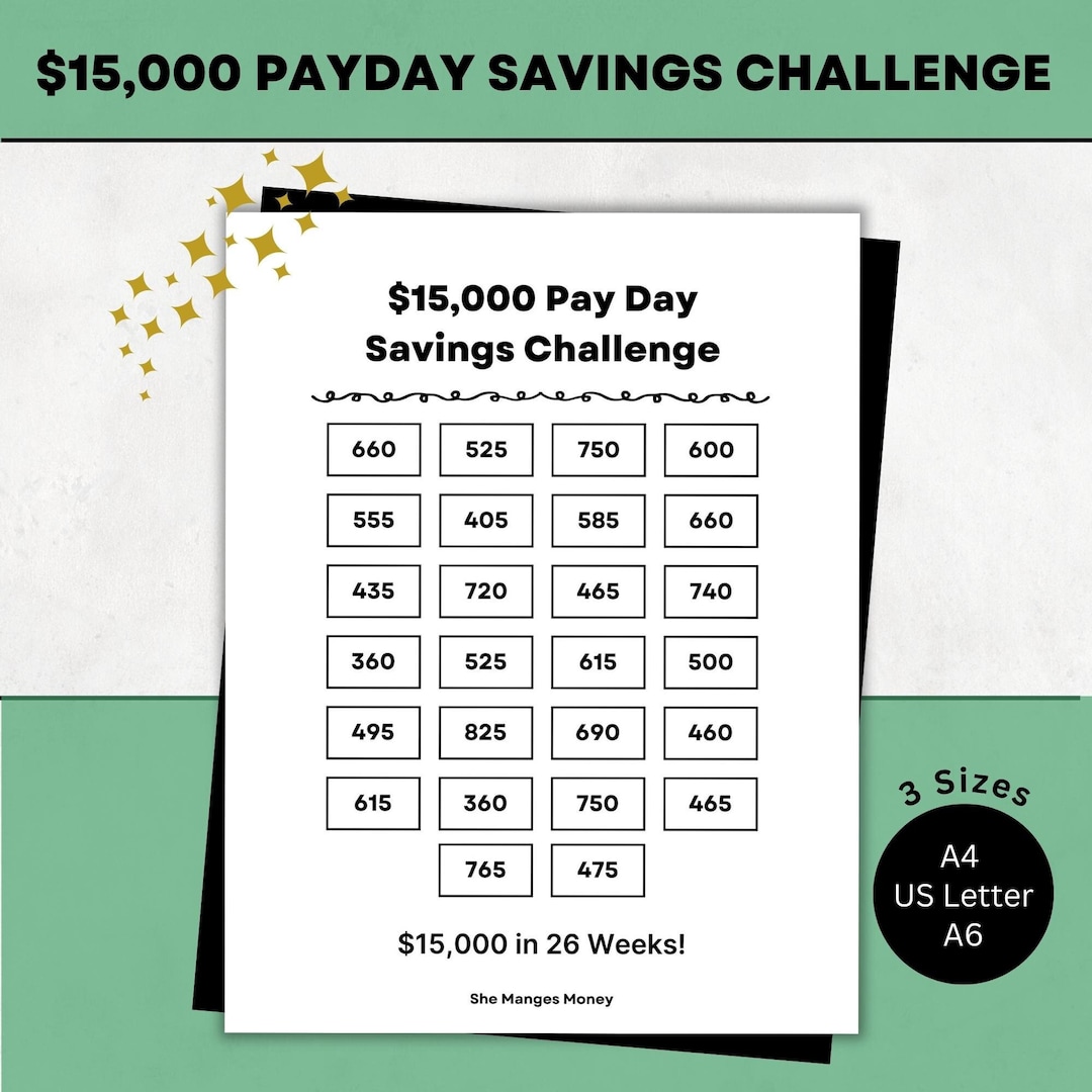 15,000 Payday Savings Challenge Printable | Save 15K in 26 Weeks ...