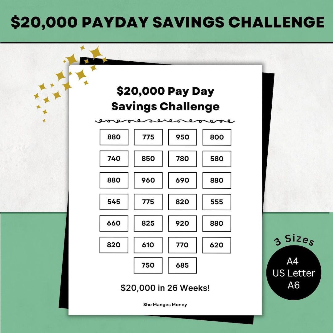 20,000 Payday Savings Challenge Printable | Save 20K in 26 Weeks ...