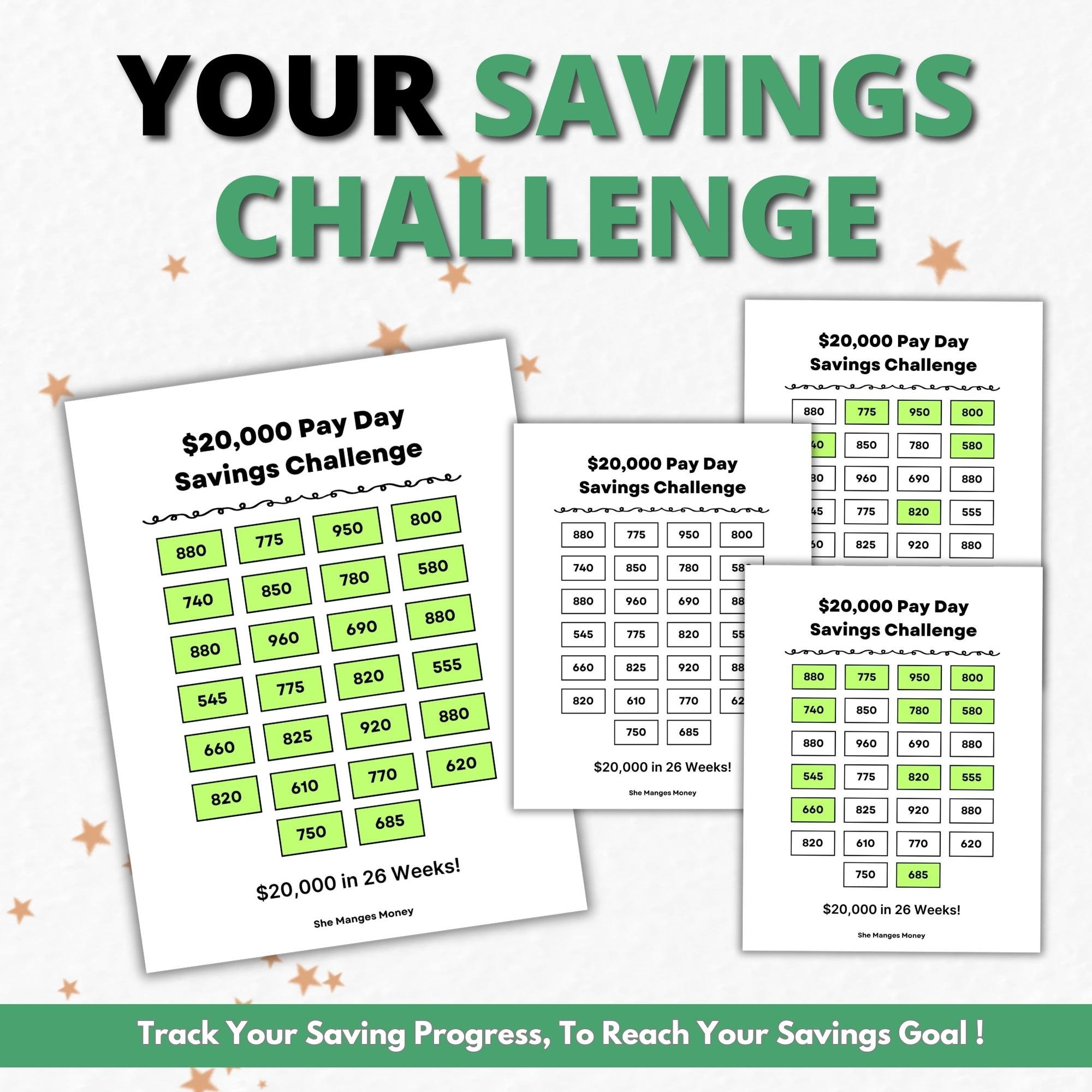 20,000 Payday Savings Challenge Printable | Save 20K in 26 Weeks ...