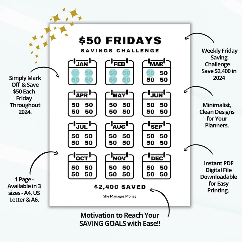 2025 Freitags Spar-Challenge zum Ausdrucken | Sparen Sie 50 Dollar ...