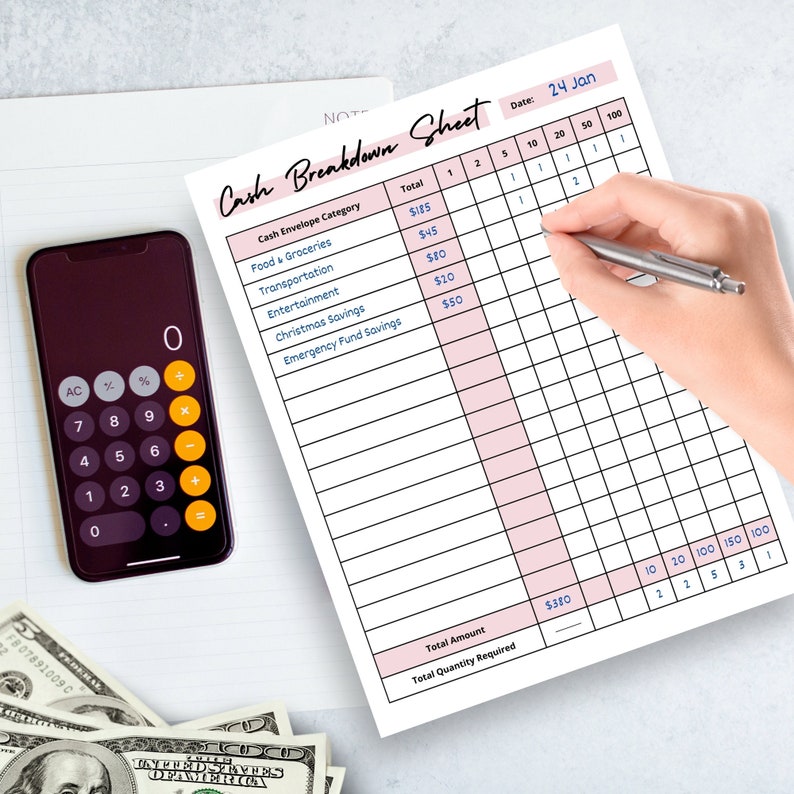 Cash Envelope Breakdown Sheet | Cash Planning Slip | Cash Withdrawal ...