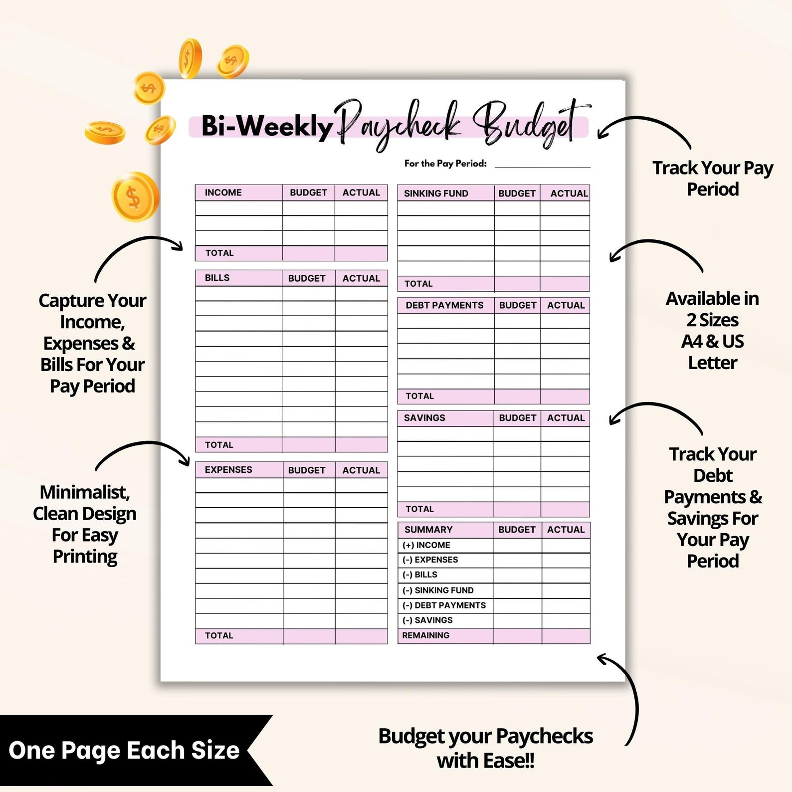 Bi-weekly Paycheck Budget Template Printable | Budget Sheet for Bi-weekly Paycheck Breakdown ...