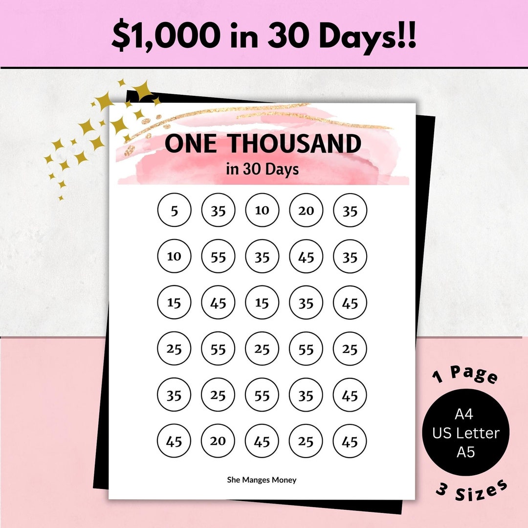 Save 1,000 in 30 Days Savings Challenge Printable | 1K Money Savings ...