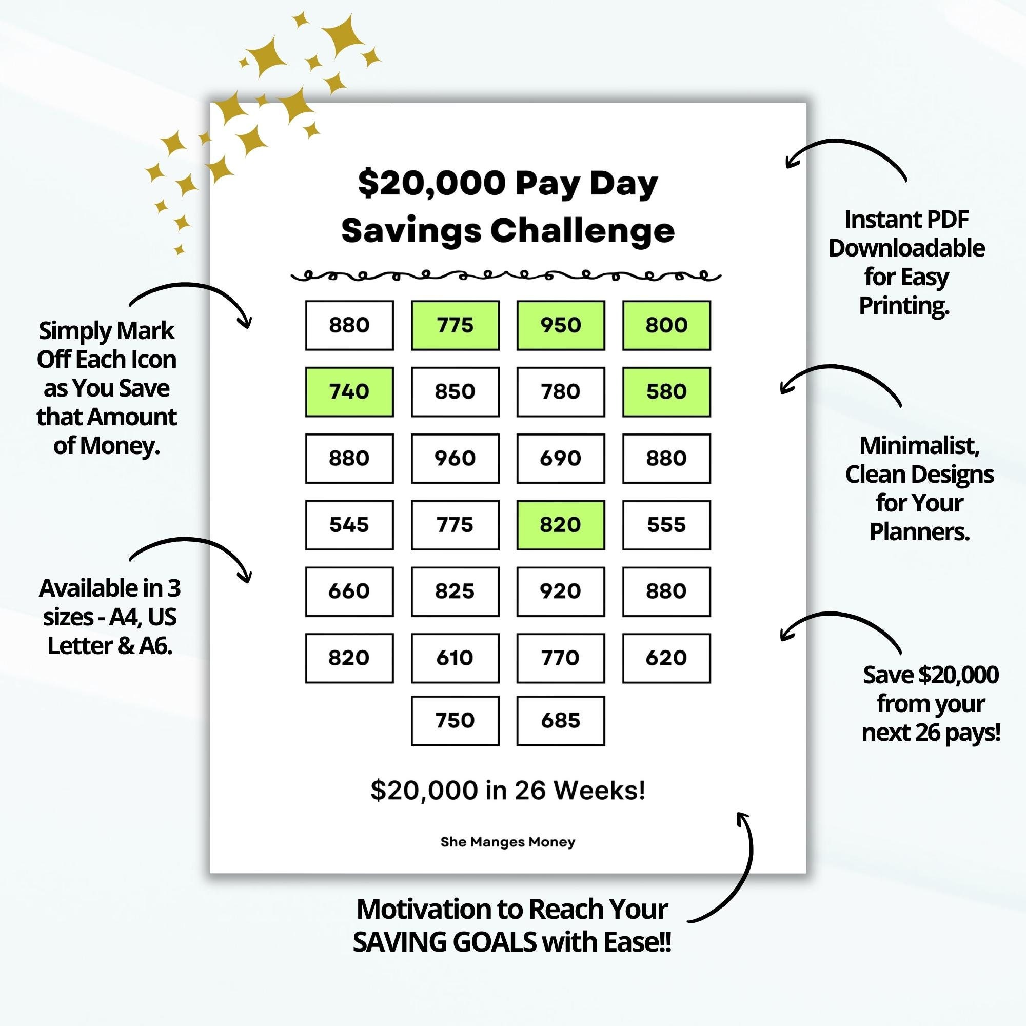 20,000 Payday Savings Challenge Printable | Save 20K in 26 Weeks ...