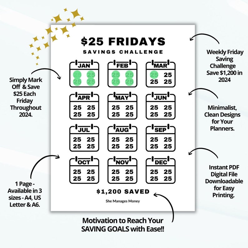 2026 Friday Savings Challenge Printable | Save 25 Dollars Weekly Each ...