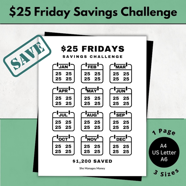 2025 Friday Savings Challenge Printable | Save 25 Dollars Weekly Each ...