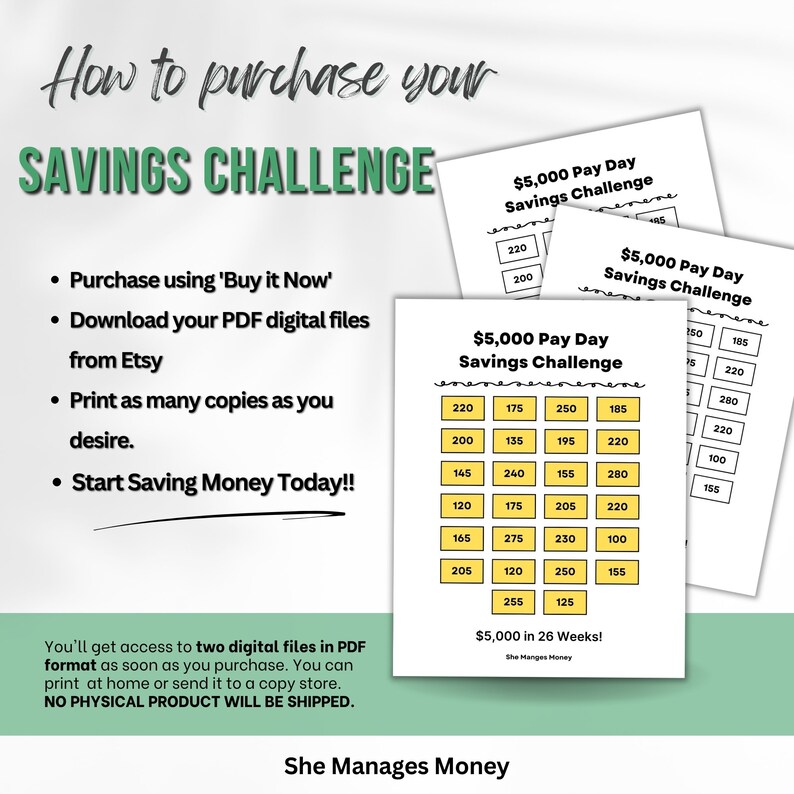 5,000 Payday Savings Challenge Printable | Save 5K in 26 Weeks Savings ...