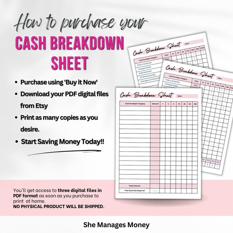 Cash Envelope Breakdown Sheet | Cash Planning Slip | Cash Withdrawal ...