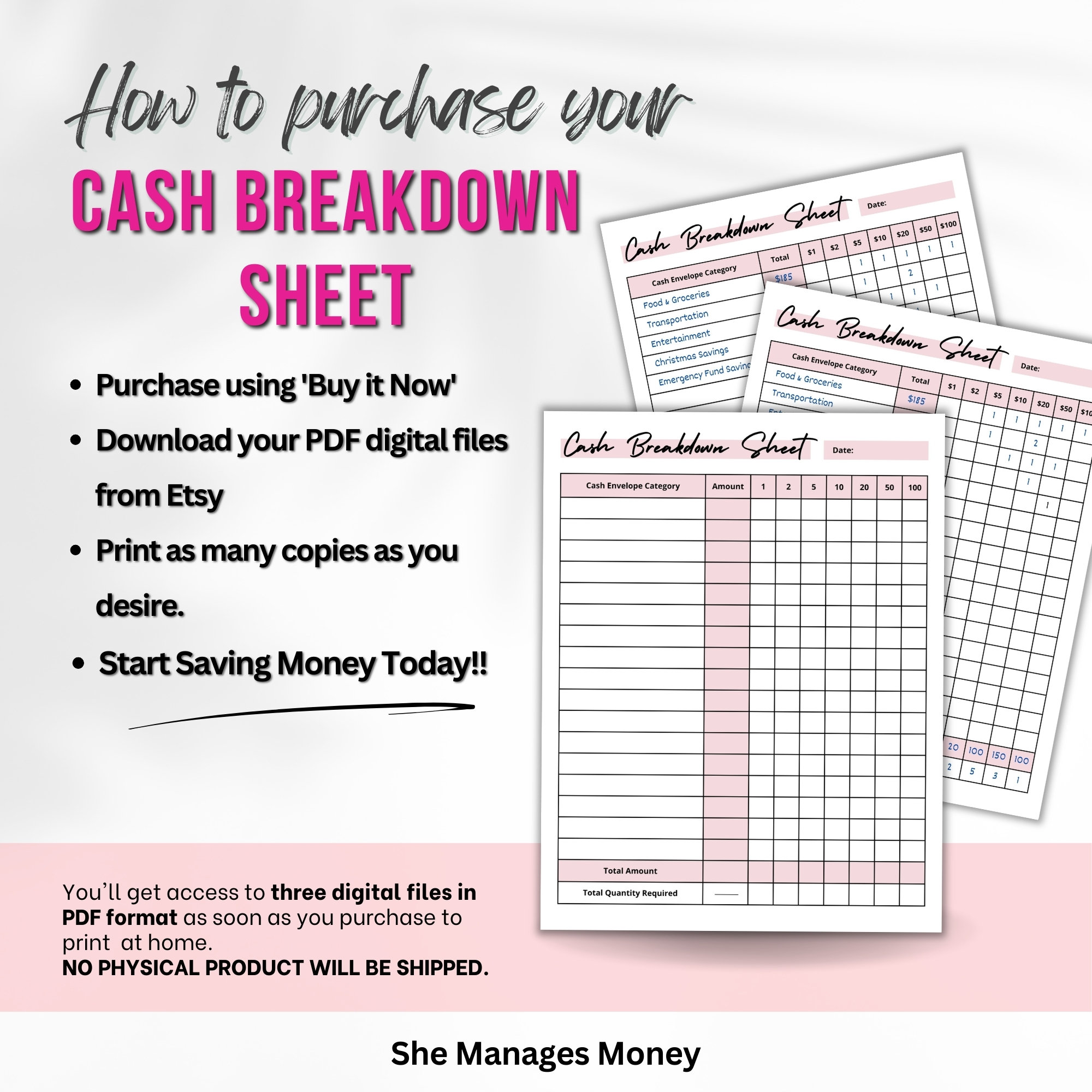 Cash Envelope Breakdown Sheet | Cash Planning Slip | Cash Withdrawal ...
