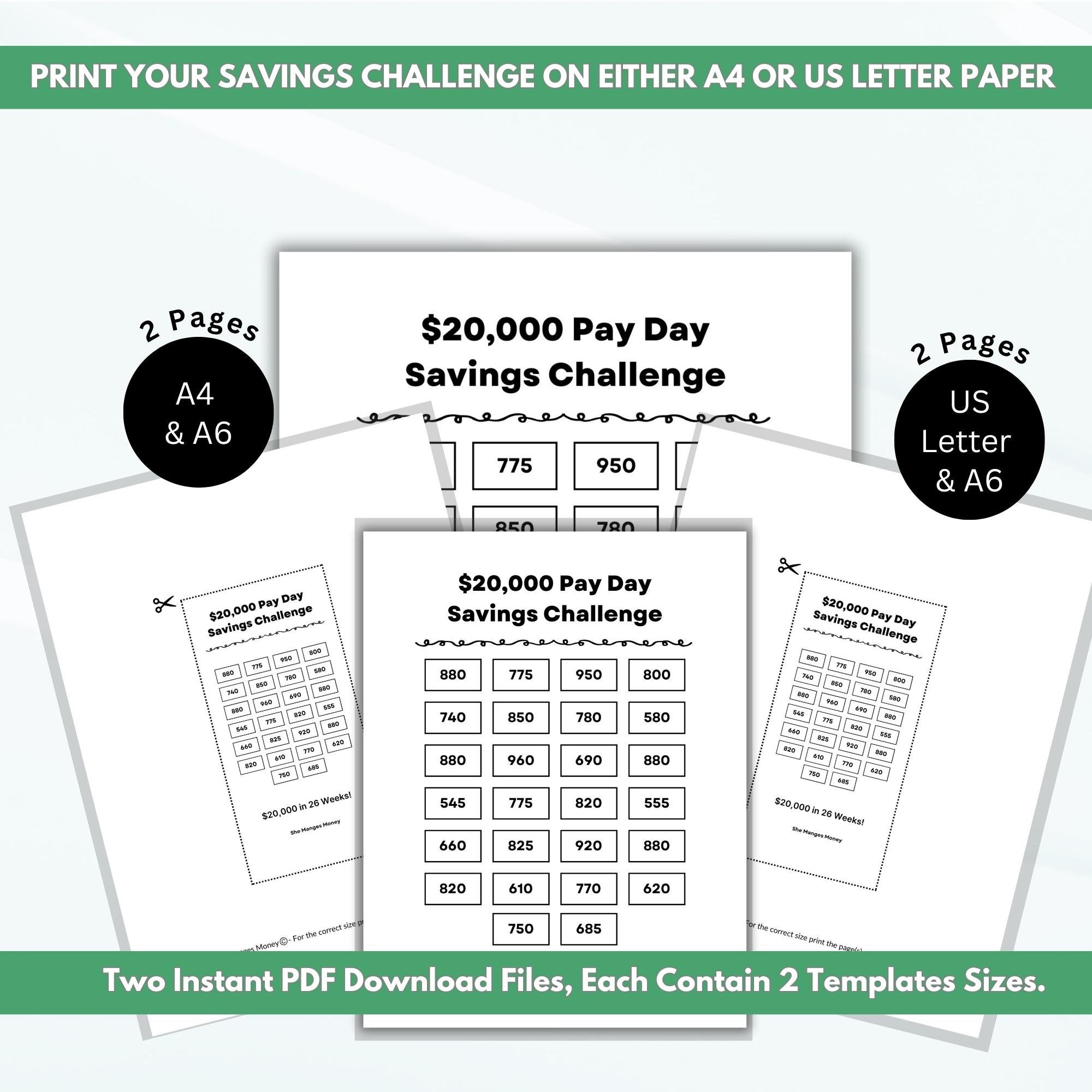 20,000 Payday Savings Challenge Printable | Save 20K in 26 Weeks ...