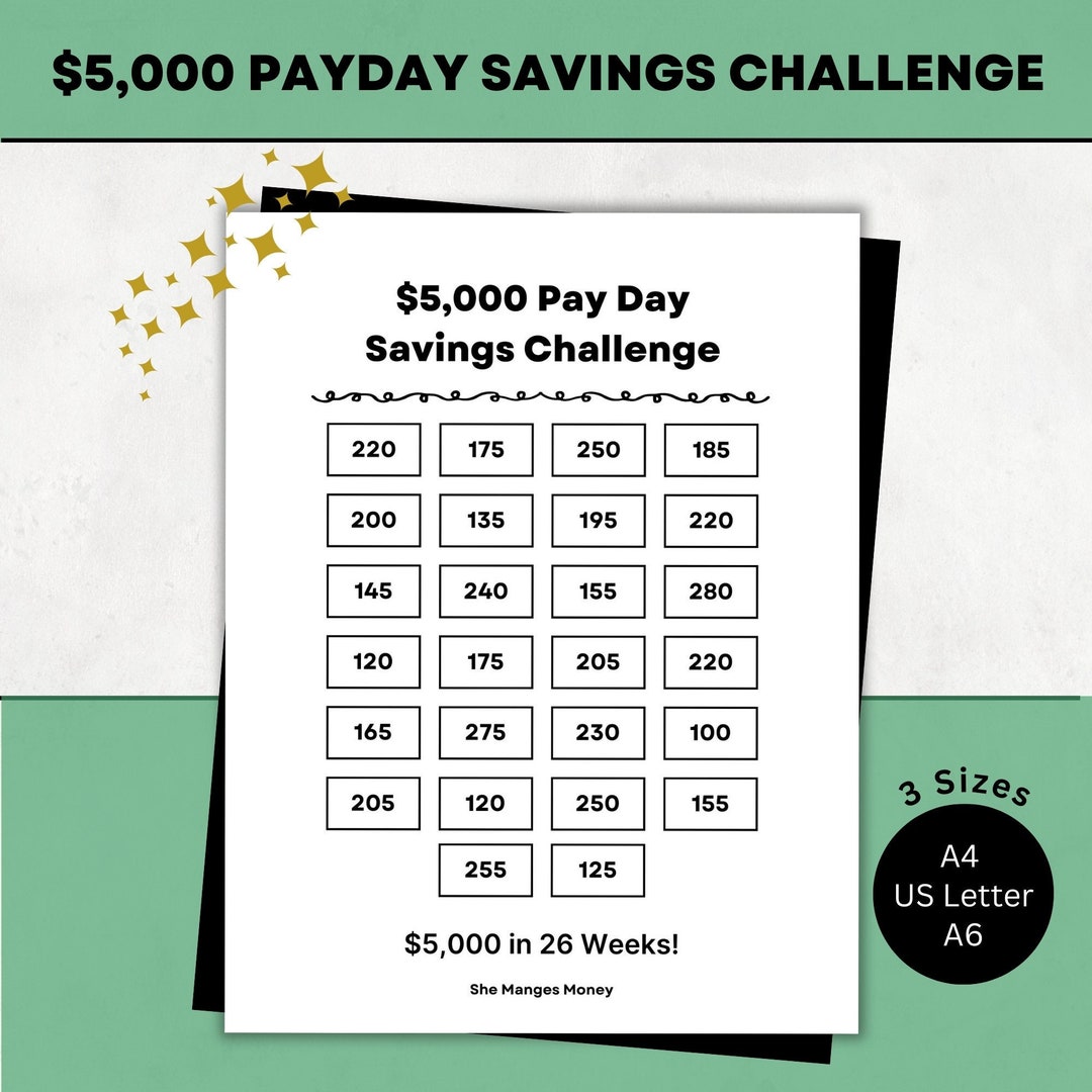 5,000 Payday Savings Challenge Printable | Save 5K in 26 Weeks Savings ...