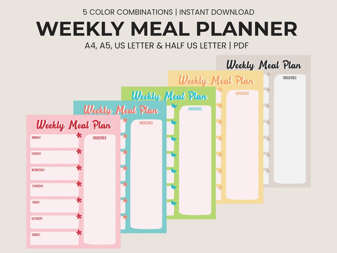 Printable Colorful Weekly Meal Planner, Overview Meals and Groceries ...