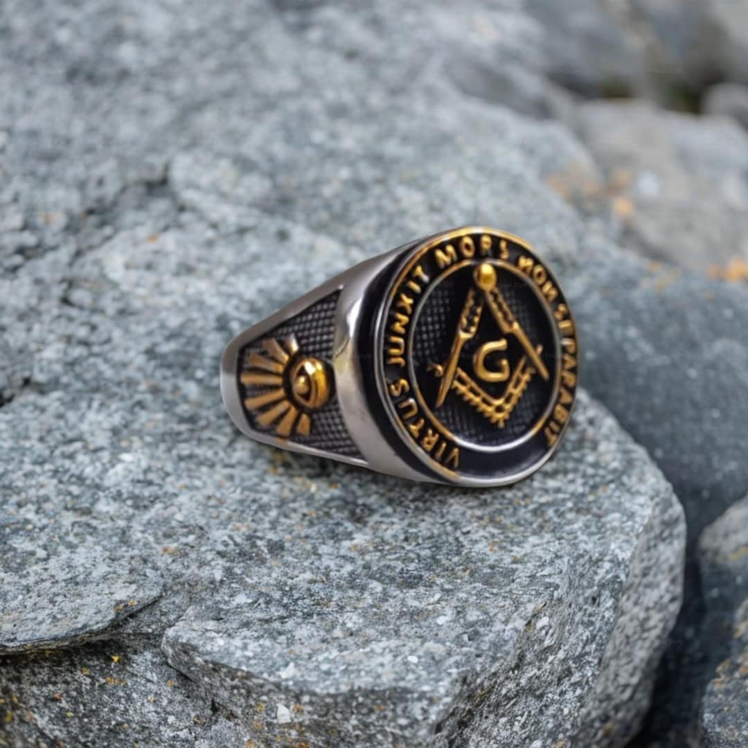 Mens Real Stainless Steel Masonic Freemason Silver Gold Band Ring Mason ...