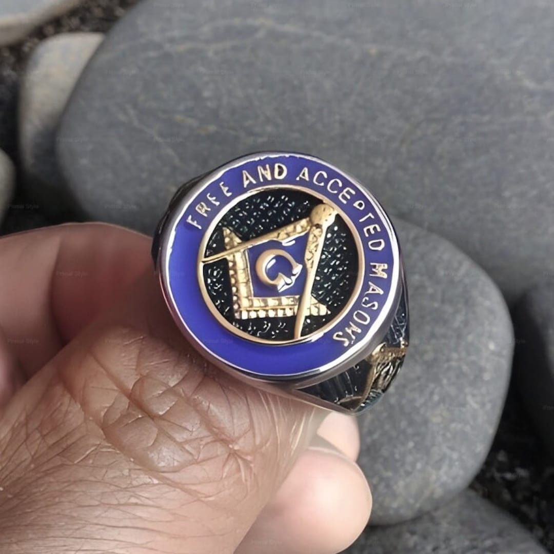 Mens Real Stainless Steel Masonic Freemason Blue Enamel Gold Band Ring ...
