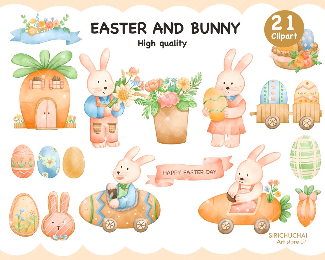 Easter Bunny Watercolor Clipart: Eggs & Illustrations (digital Download ...