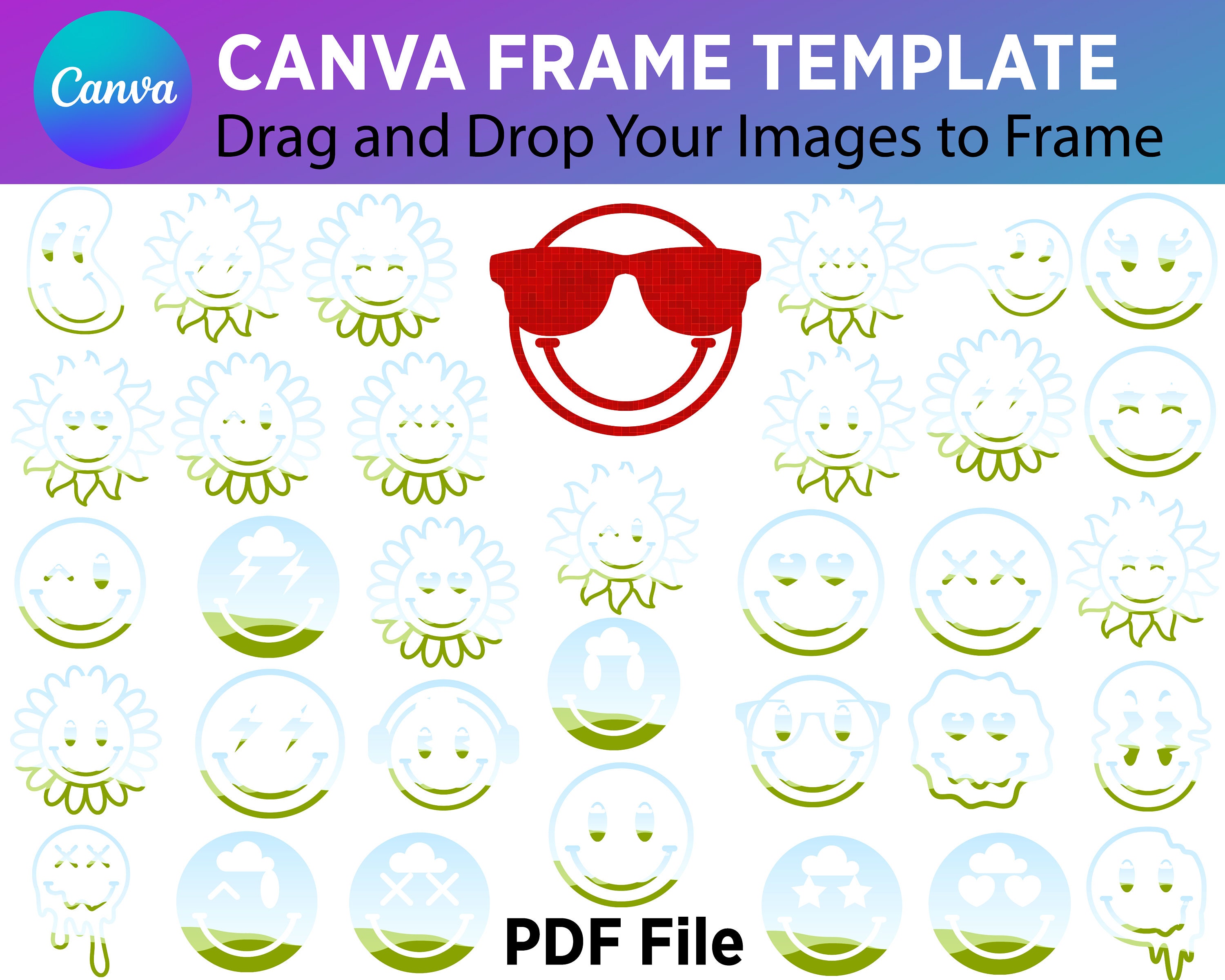 Editable Retro Smileys, Flowers and Checks Canva Frame, Template Design ...