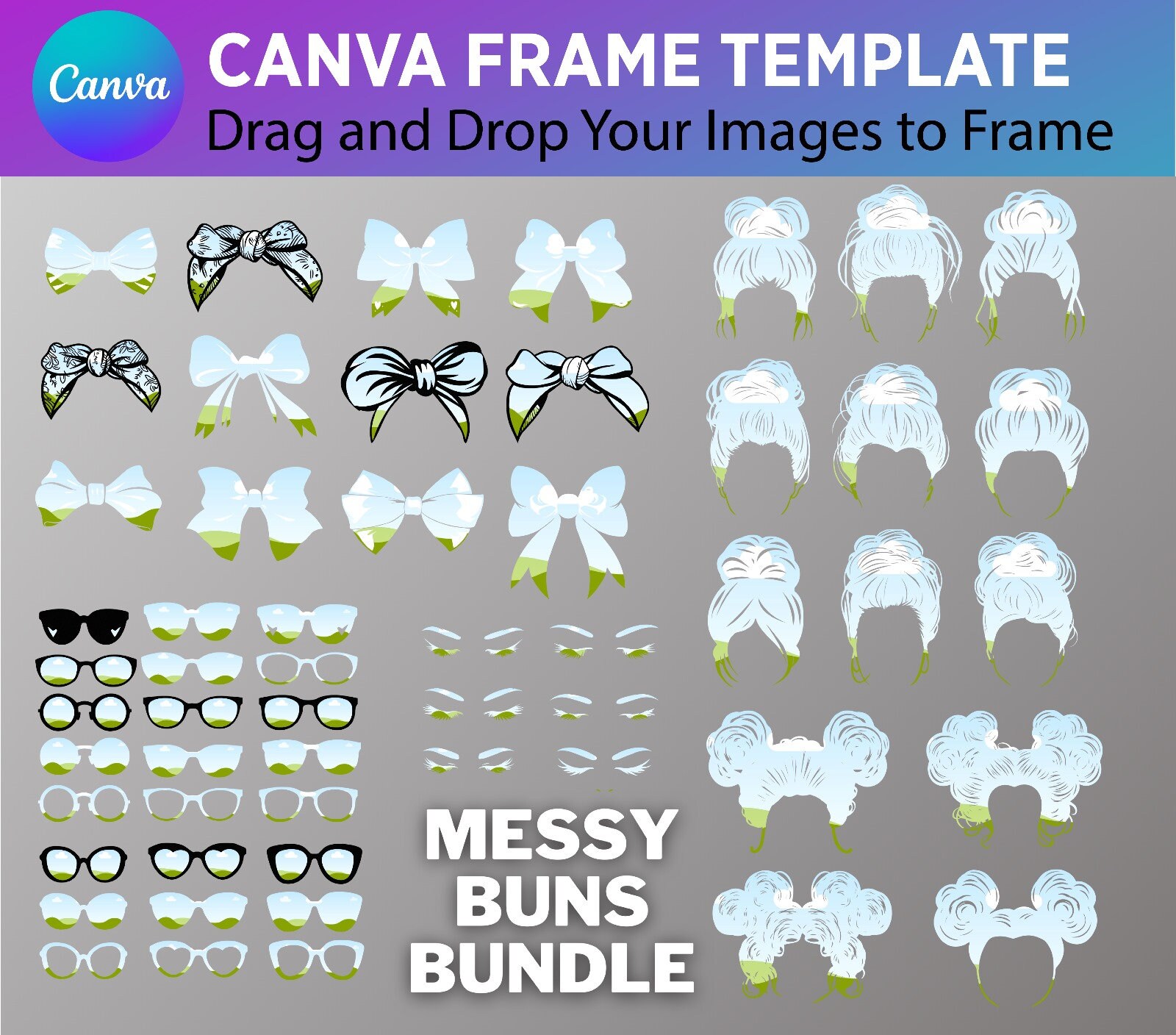 Customizable Messy Bun Canva Frames Bundle, Add Your Own Design, Bun ...